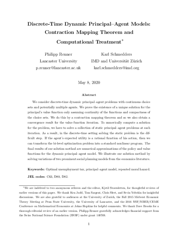 (PDF) Discrete‐time dynamic principal–agent models: Contraction mapping ...