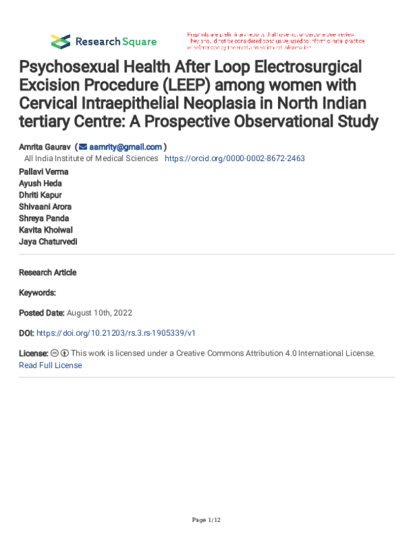 (PDF) Psychosexual Health After Loop Electrosurgical Excision Procedure (LEEP) among women with ...