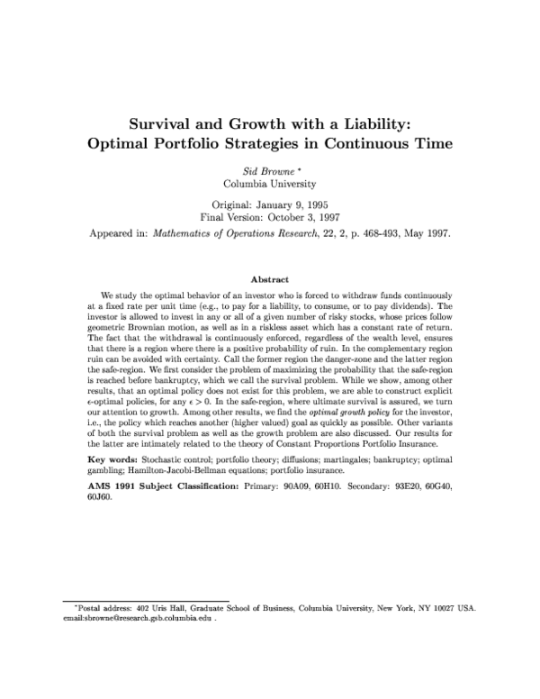(PDF) Survival and Growth with a Liability: Optimal Portfolio ...