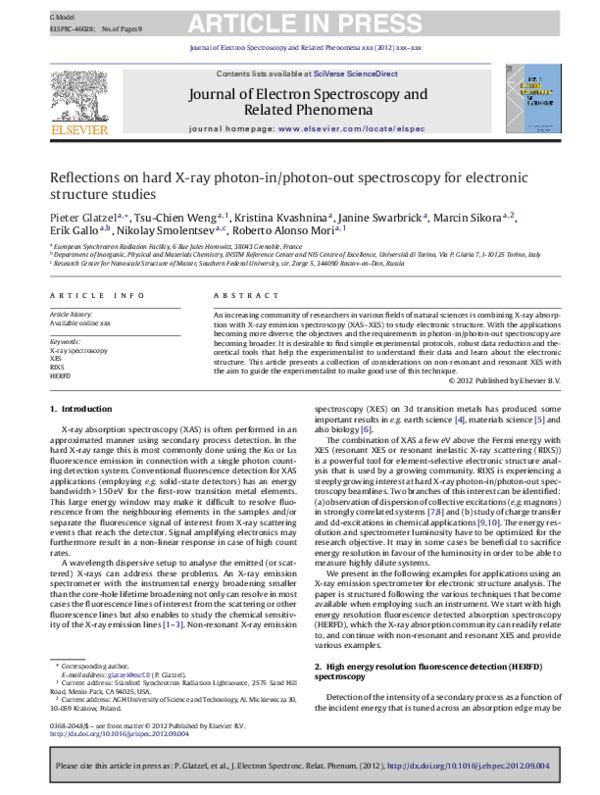 (PDF) Reflections on hard X-ray photon-in/photon-out spectroscopy for electronic structure studies