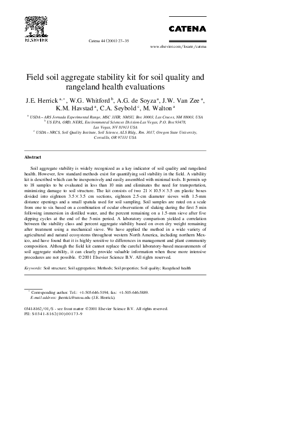 (PDF) Field soil aggregate stability kit for soil quality and rangeland health evaluations ...