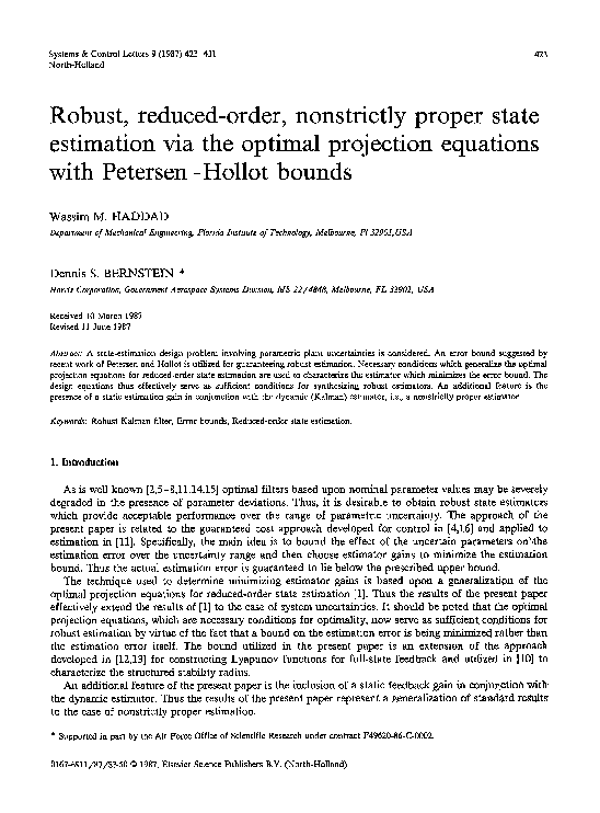 (PDF) Robust, reduced-order, nonstrictly proper state estimation via the optimal projection ...