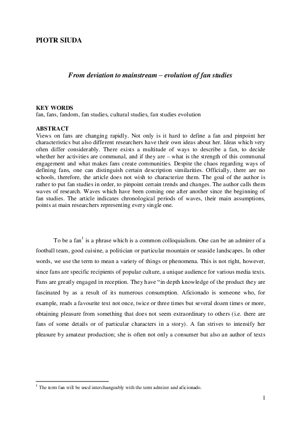 (PDF) From deviation to mainstream–evolution of fan studies