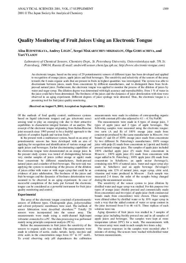 (PDF) Quality Monitoring of Fruit Juices Using an Electronic Tongue