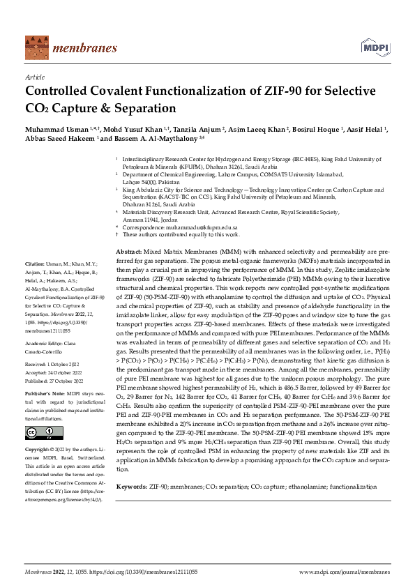 (PDF) Controlled Covalent Functionalization of ZIF-90 for Selective CO2 Capture & Separation