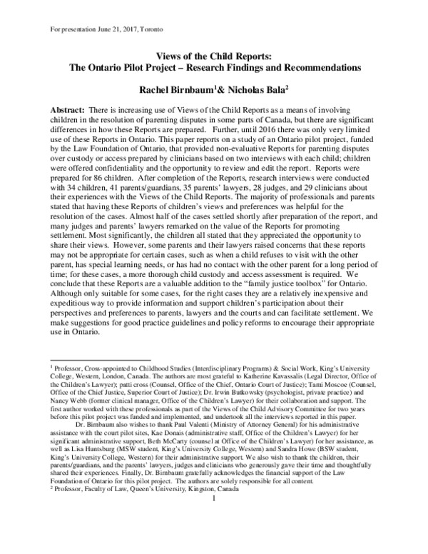 (PDF) Views of the Child Reports: The Ontario Pilot Project – Research ...