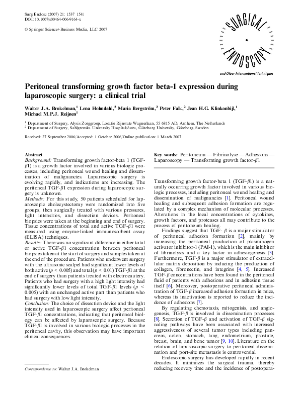 (PDF) Peritoneal transforming growth factor beta-1 expression during laparoscopic surgery: a ...
