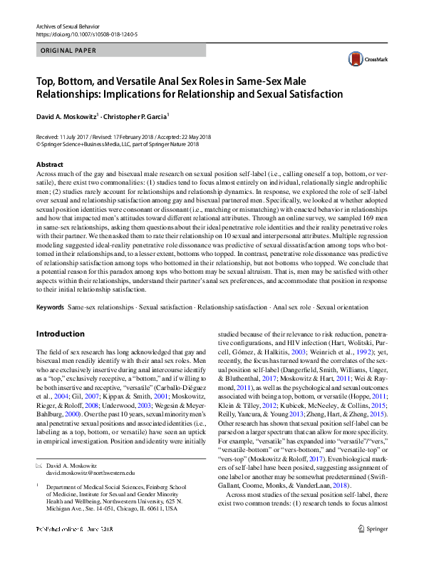 (PDF) Top, Bottom, and Versatile Anal Sex Roles in Same-Sex Male ...