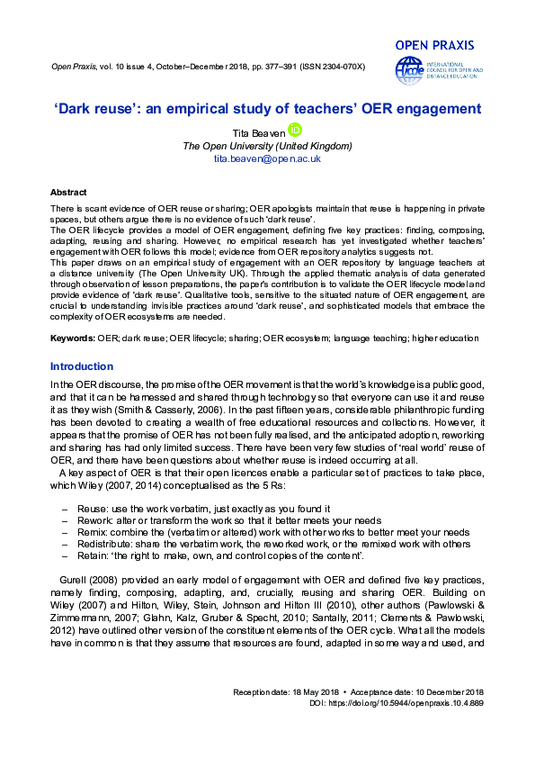 (PDF) Examining 'Dark Reuse' in Teacher OER Engagement