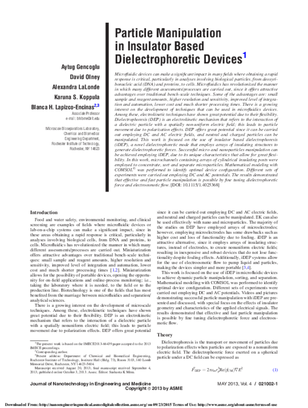 (PDF) Particle Manipulation in Insulator Based Dielectrophoretic Devices1