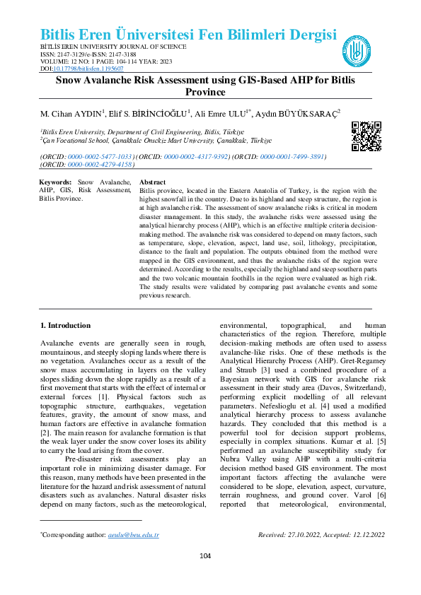 (PDF) Snow Avalanche Risk Assessment using GIS-Based AHP for Bitlis ...