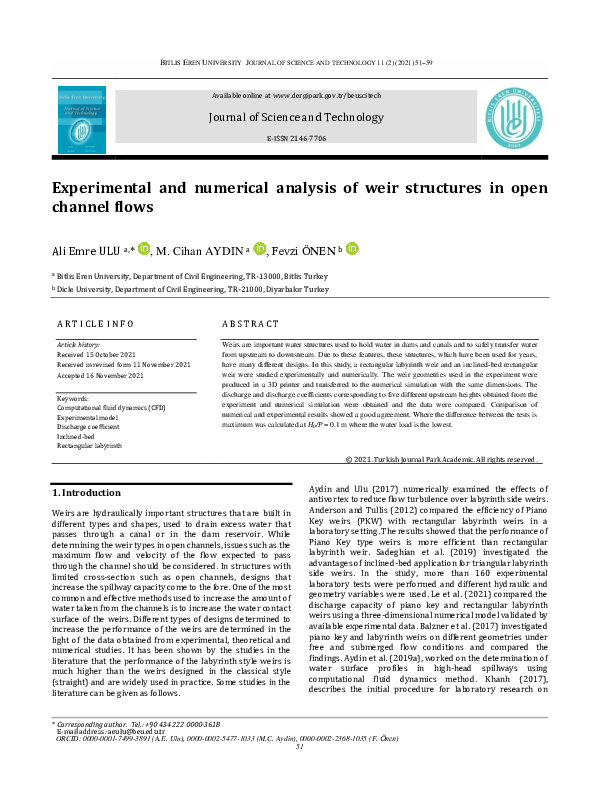 (PDF) Experimental and numerical analysis of weir structures in open channel flows | M. Cihan ...