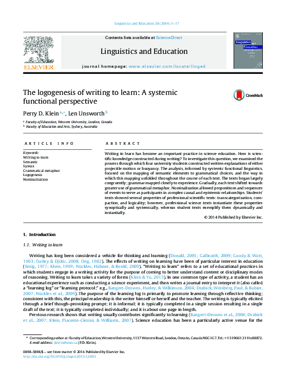 (PDF) The logogenesis of writing to learn: A systemic functional perspective