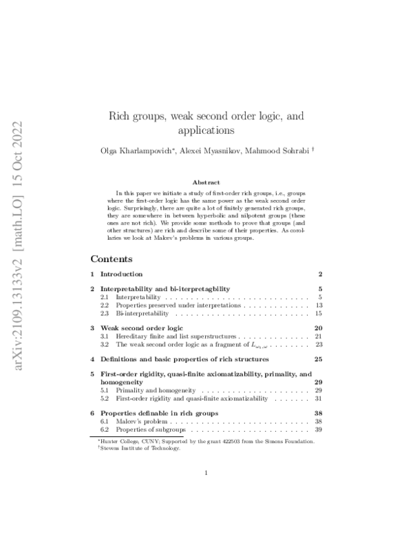 (PDF) Rich groups, weak second order logic, and applications