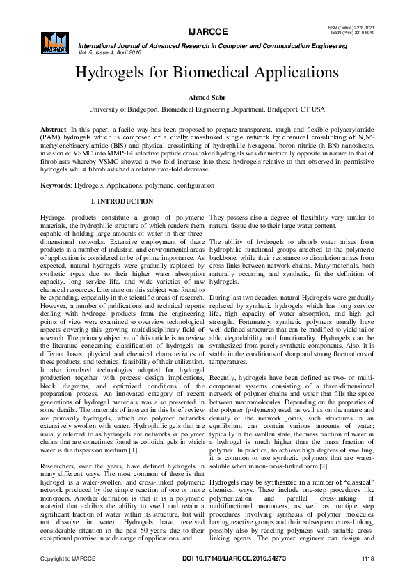 (PDF) Hydrogels for Biomedical Applications