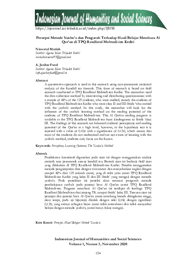 (PDF) Persepsi Metode Yanbu’a dan Pengaruh Terhadap Hasil Belajar Membaca Al Qur’an di TPQ ...