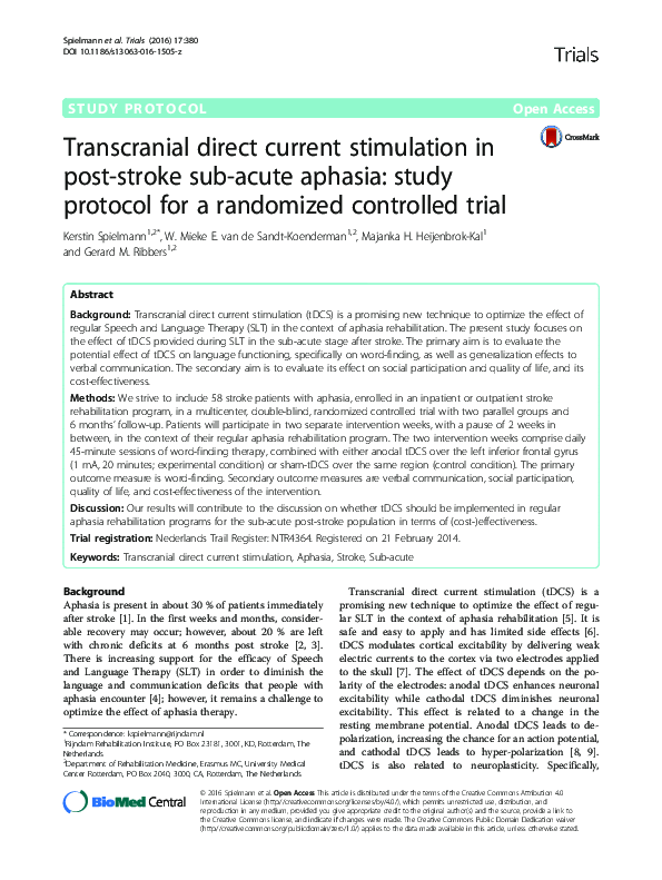 (PDF) Transcranial direct current stimulation in post-stroke sub-acute aphasia: study protocol ...