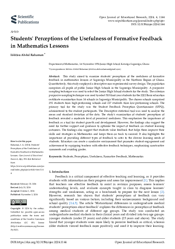 (PDF) Students' Perceptions of the Usefulness of Formative Feedback in ...