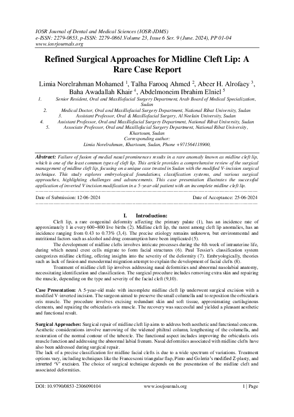 (PDF) Refined Surgical Approaches for Midline Cleft Lip: A Rare Case Report
