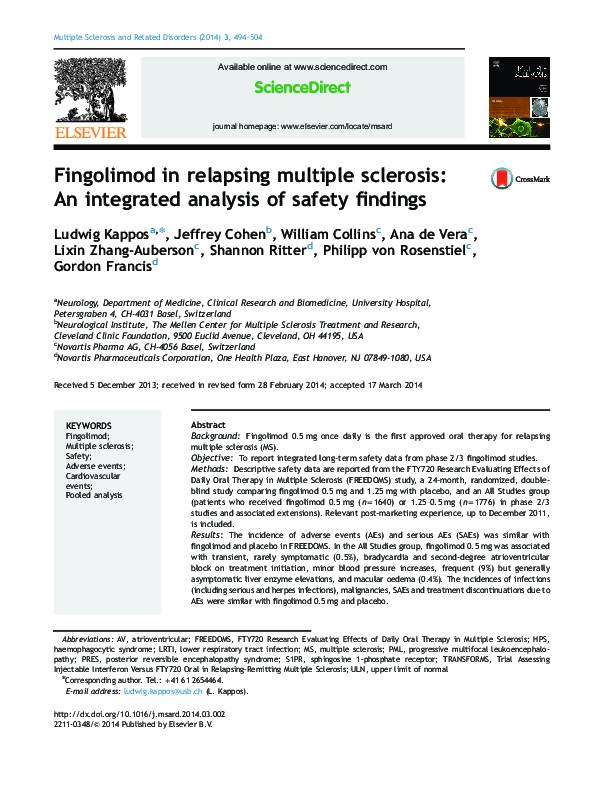 (PDF) Fingolimod in relapsing multiple sclerosis: An integrated ...