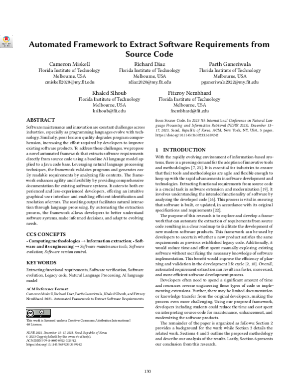 (PDF) Automated Framework to Extract Software Requirements from Source Code