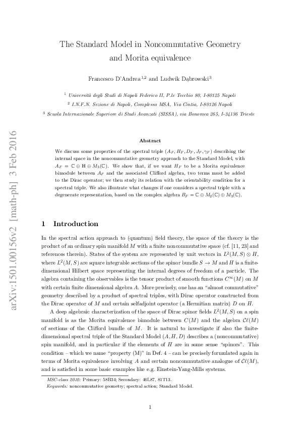 (PDF) The Standard Model in noncommutative geometry and Morita equivalence