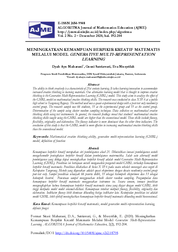 (PDF) Meningkatkan Kemampuan Berpikir Kreatif Matematis Melalui Model Generative Multi ...