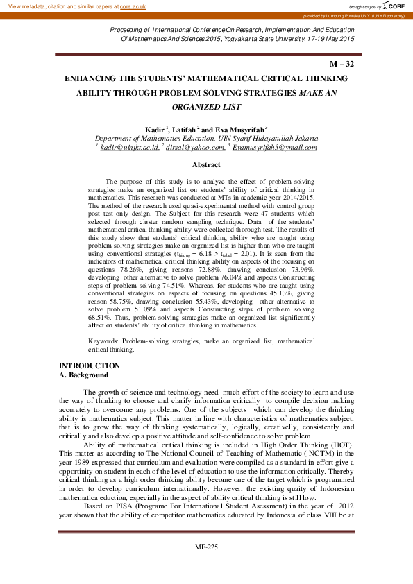 (PDF) Enhancing The Students’ Mathematical Critical Thinking Ability Through Problem Solving ...