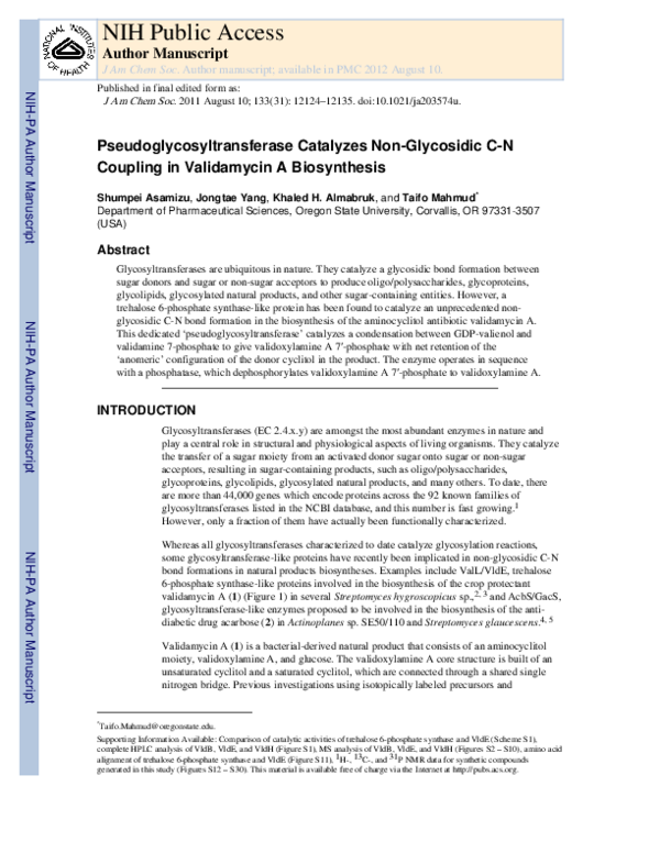 (PDF) Pseudoglycosyltransferase Catalyzes Nonglycosidic C–N Coupling in ...