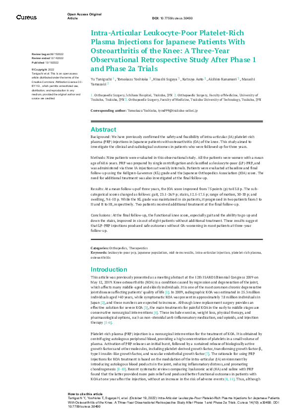 (PDF) Intra-Articular Leukocyte-Poor Platelet-Rich Plasma Injections for Japanese Patients With ...