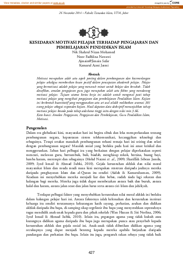 (PDF) Kesedaran motivasi pelajar terhadap pengajaran dan pembelajaran Pendidikan Islam
