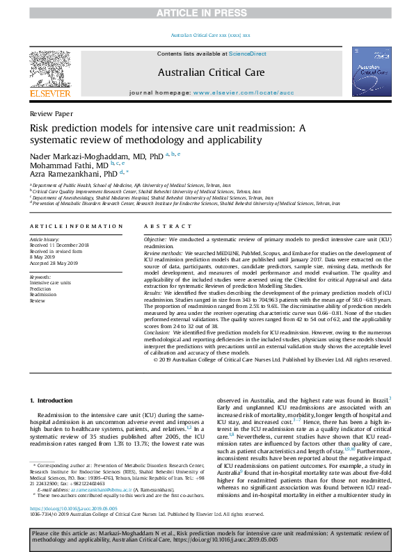 (PDF) Risk prediction models for intensive care unit readmission: A ...