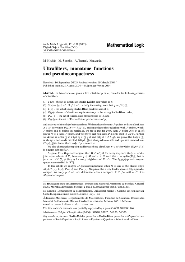 (PDF) Ultrafilters, monotone functions and pseudocompactness | michael hrusak - Academia.edu