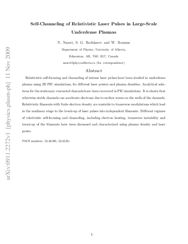 (PDF) Self-Channeling of Relativistic Laser Pulses in Large-Scale Underdense Plasmas