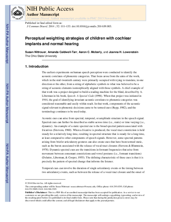 (PDF) Perceptual weighting strategies of children with cochlear ...