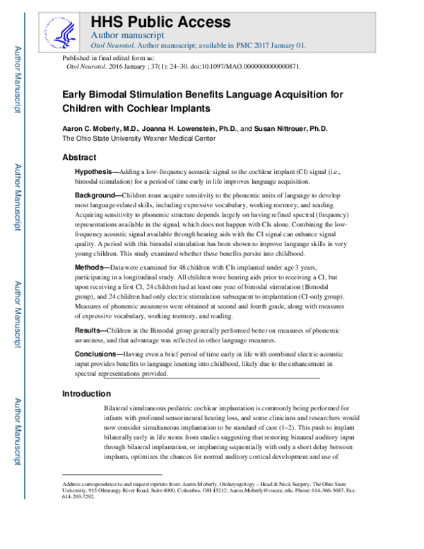 (PDF) Early Bimodal Stimulation Benefits Language Acquisition for ...