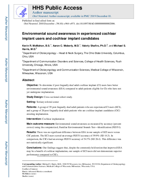 (PDF) Environmental Sound Awareness in Experienced Cochlear Implant ...
