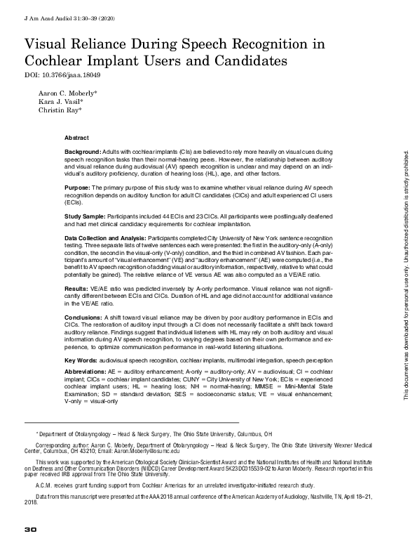 (PDF) Visual Reliance During Speech Recognition in Cochlear Implant ...