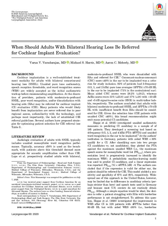 Pdf When Should Adults With Bilateral Hearing Loss Be Referred For Cochlear Implant Evaluation