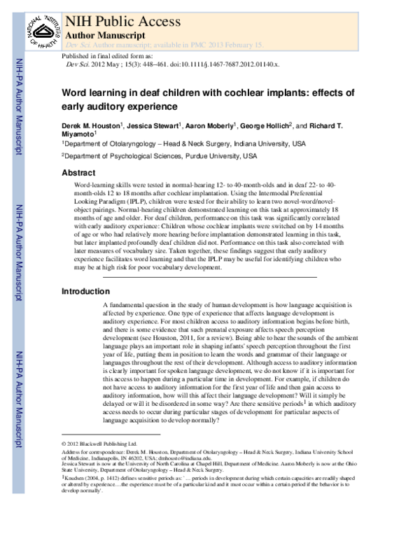 (PDF) Word learning in deaf children with cochlear implants: effects of early auditory ...