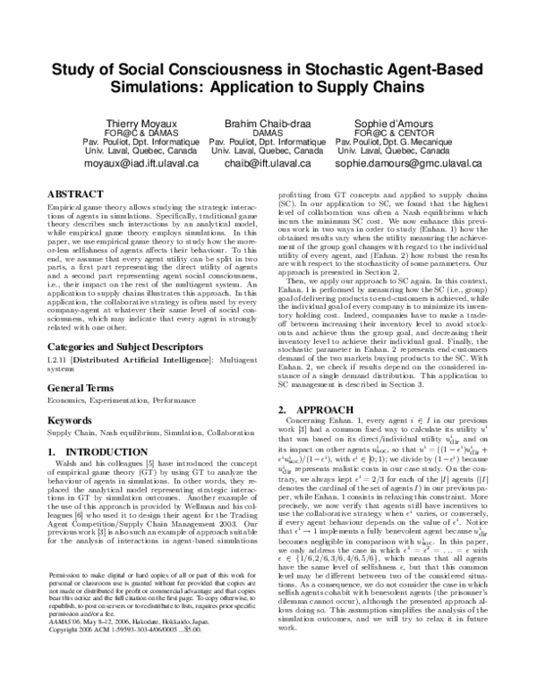 (PDF) Study of social consciousness in stochastic agent based simulations