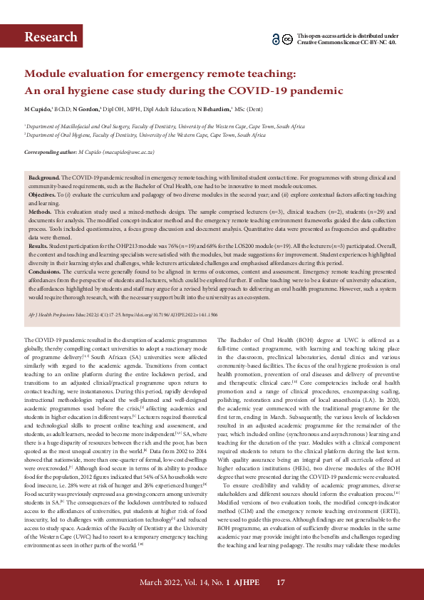 (PDF) Module evaluation for emergency remote teaching: An oral hygiene ...