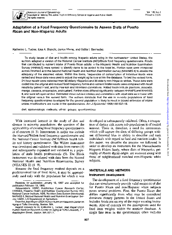 (PDF) Adaptation of a Food Frequency Questionnaire to Assess Diets of ...