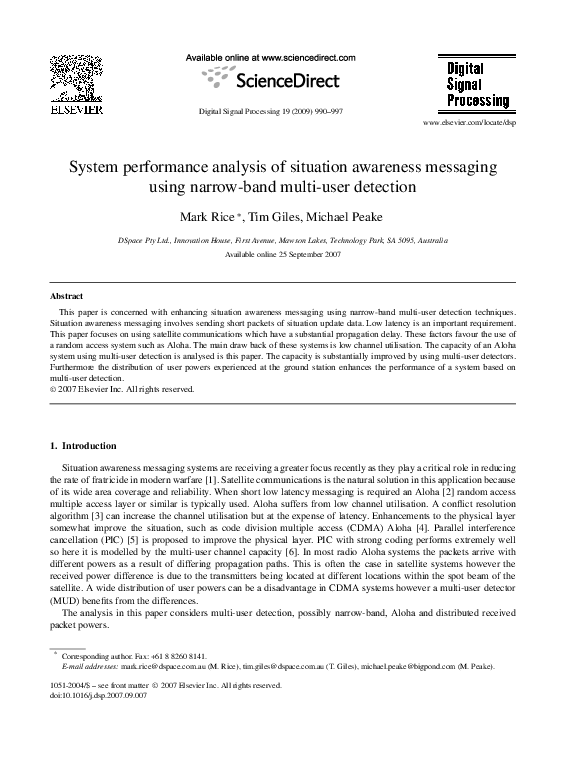 (PDF) System performance analysis of situation awareness messaging using narrow-band multi-user ...