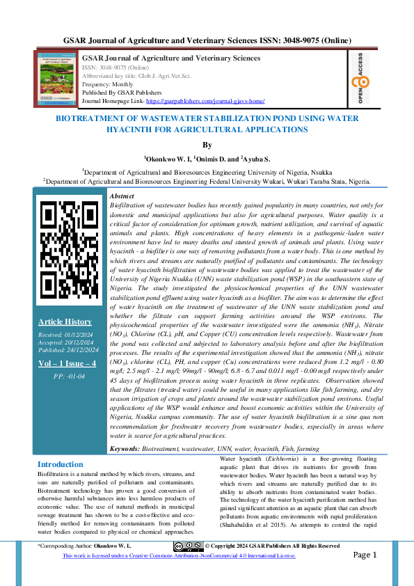 (PDF) Treatment of Wastewater stabilization Pond using Water Hyacinth for Agricultural Applications