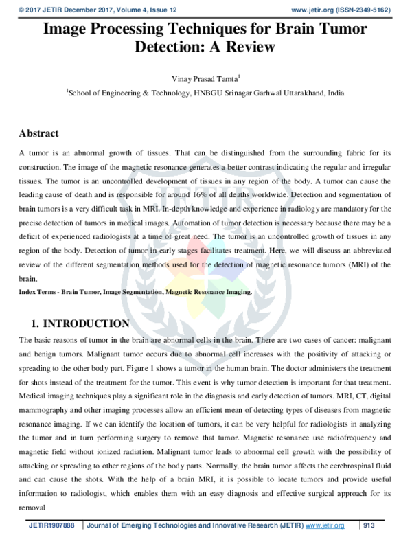 (PDF) Image Processing Techniques for Brain Tumor Detection : A Review