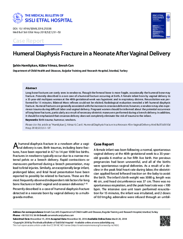 (PDF) Humeral Diaphysis Fracture in a Neonate After Vaginal Delivery