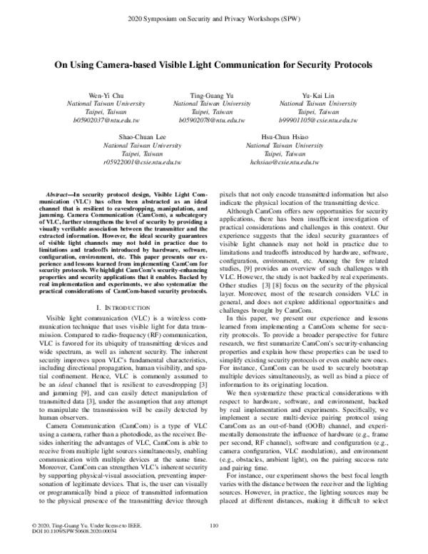(PDF) On Using Camera-based Visible Light Communication for Security Protocols