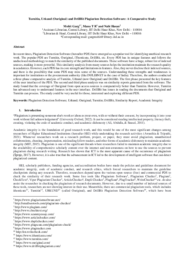 (PDF) Turnitin, Urkund and DrillBit Plagiarism Detection Software - A Comparative Study