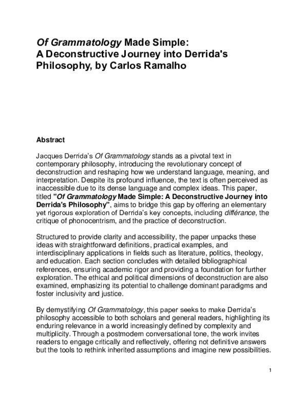 (PDF) Of Grammatology Made Simple: A Deconstructive Journey into ...